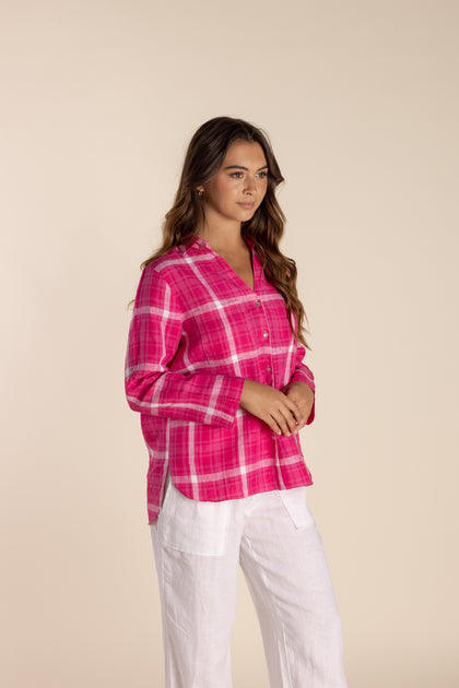 Top - Raspberry check Linen Shirt – Juicy Secrets