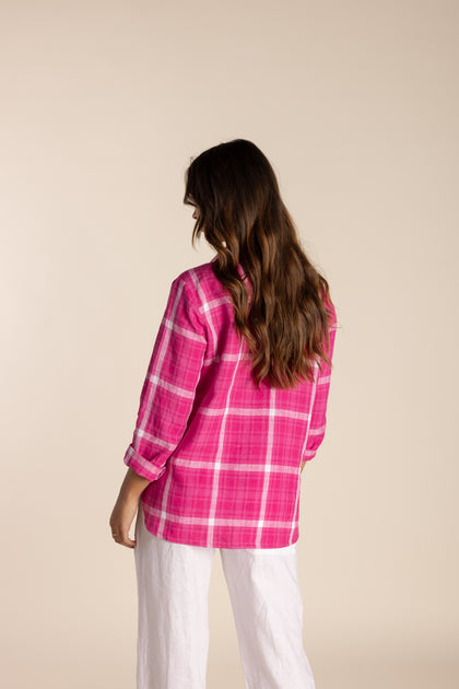 Top - Raspberry check Linen Shirt – Juicy Secrets